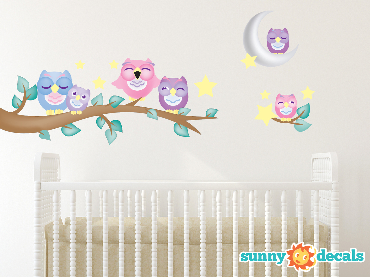 Owl Fabric Wall Decals, Set of 6 Owls with Branch, Stars, and Moon - 2 ...