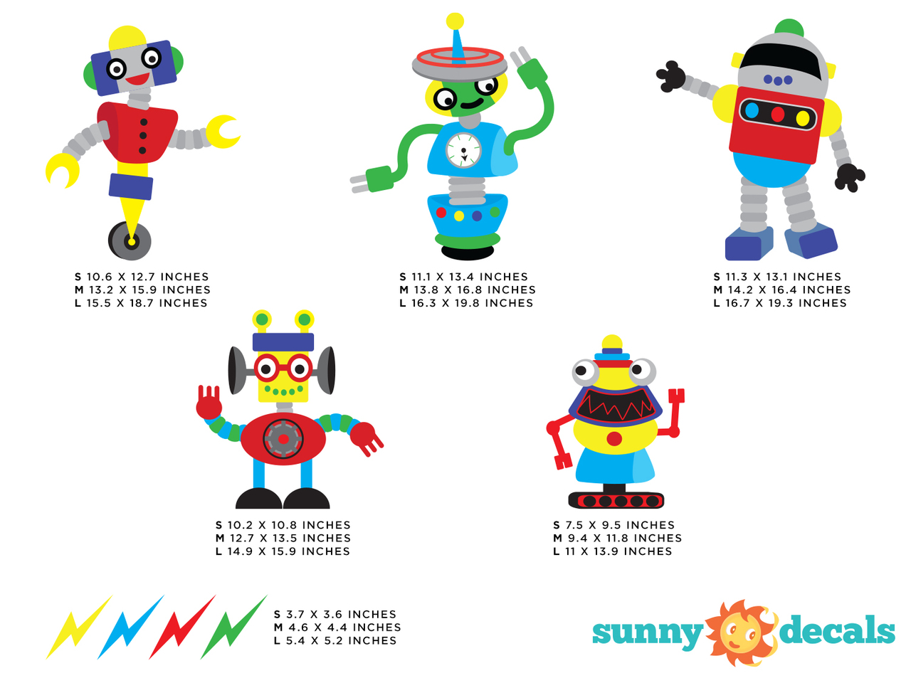 Robot Fabric Wall Decals, Set of 5 Cool Robots, 3 Size Options