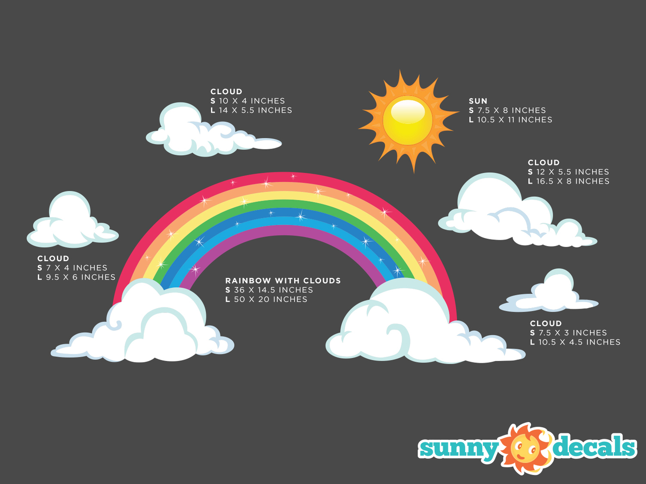 Sparkling Rainbow Fabric Wall Decal with Sun and Clouds, Two Size Options