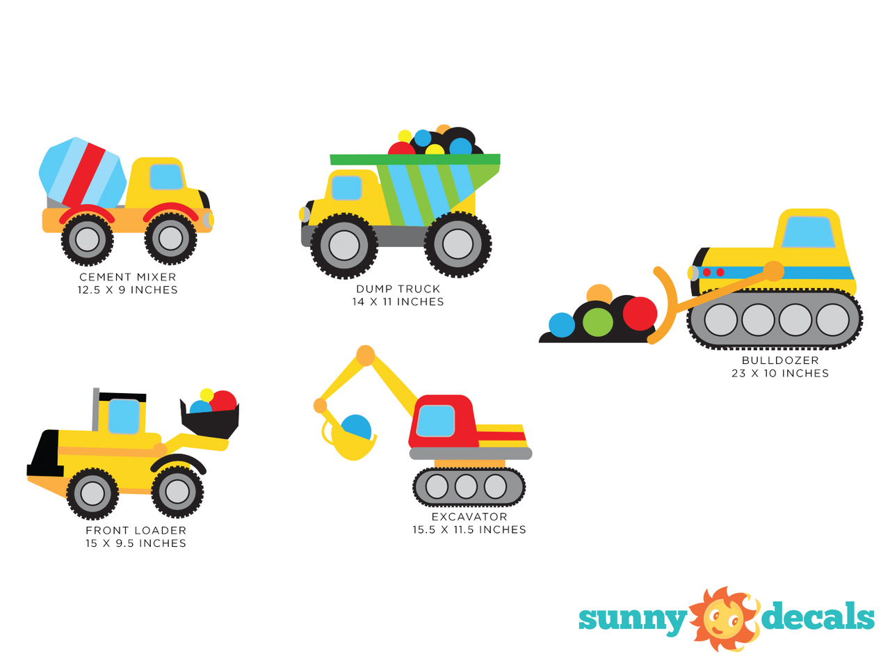 Construction Trucks Fabric Wall Decal with Dump Truck, Cement Mixer, Bulldozer, Excavator
