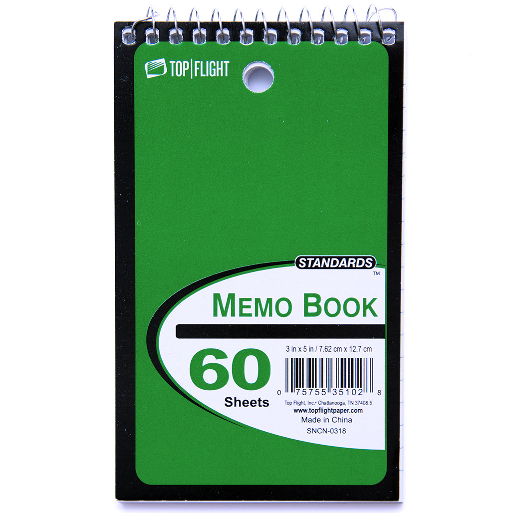 Standards® Memo Book, Top Wire, 3" x 5", Narrow Rule, 60 Sheets, Green