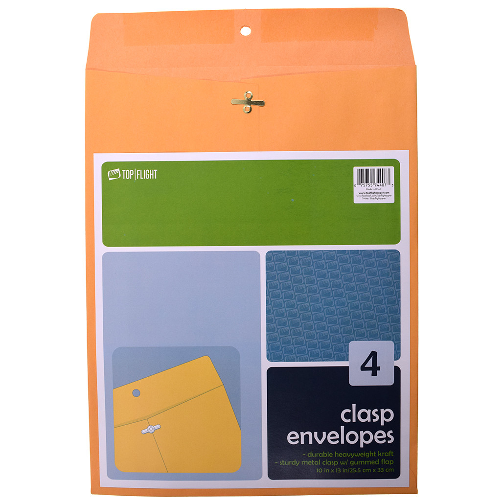 Kraft Envelopes, Double Prong Clasp, Gummed, 10" x 13", 4 pack