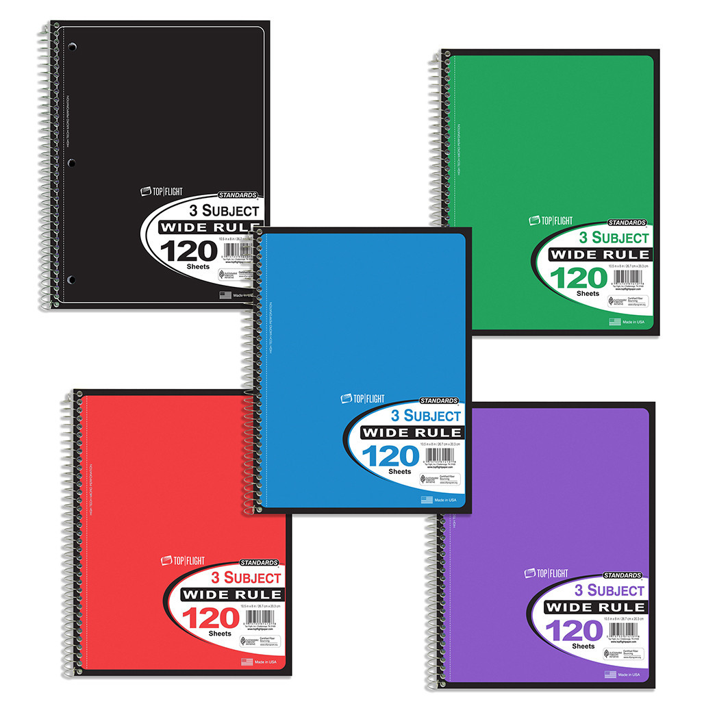 Standards® 3 Subject, Wirebound Notebook, Wide Rule, 120 Sheets, Red