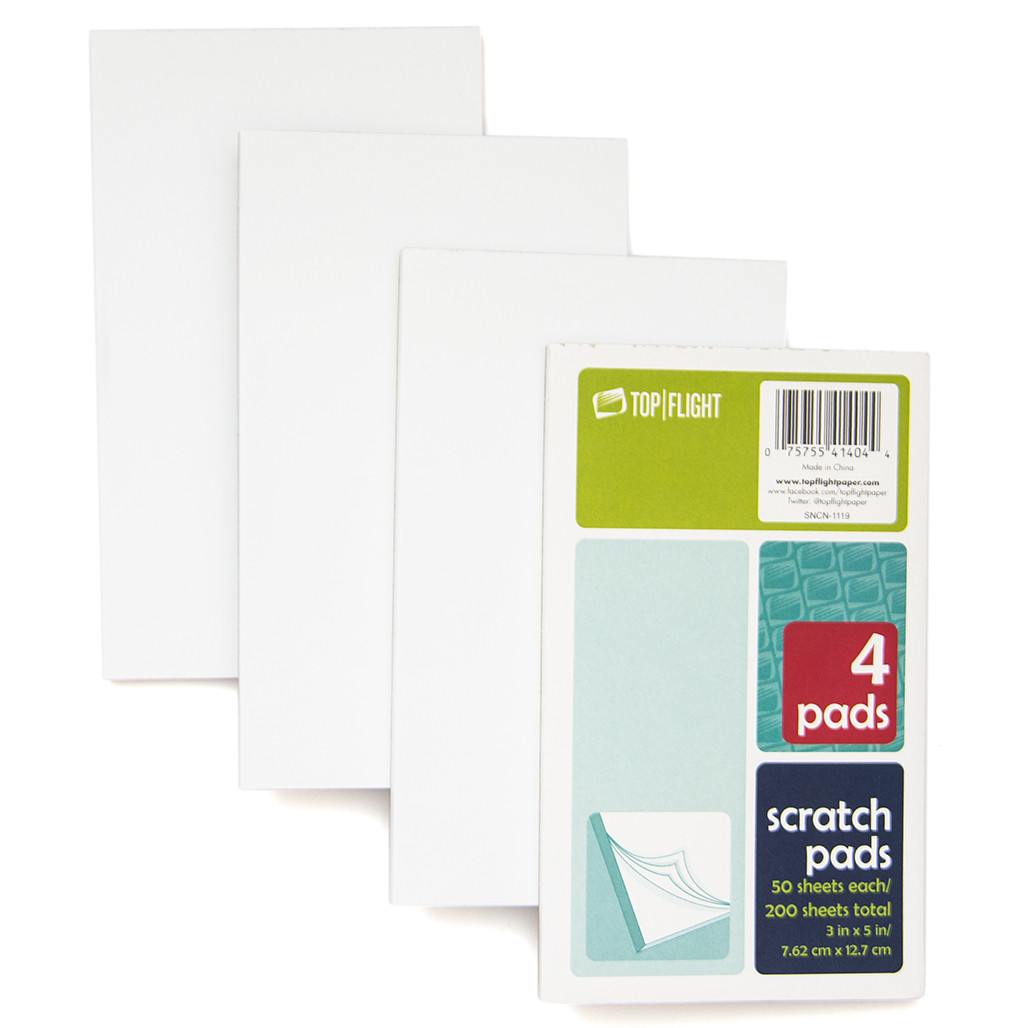 Scratch Pad, 3" x 5", 50 Sheets per Pack, 4 Packs, White