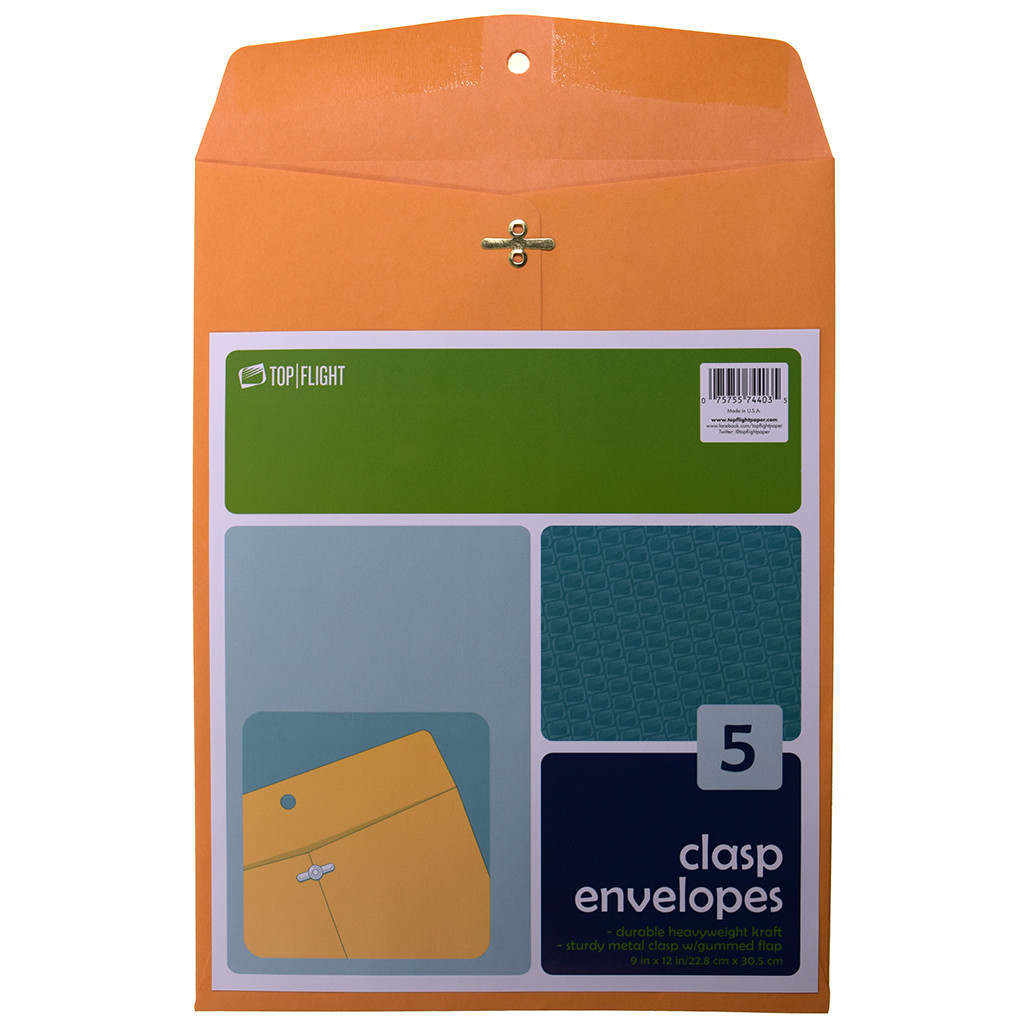 Kraft Envelopes, Double Prong Clasp, Gummed, 9" x 12", 5 Pack