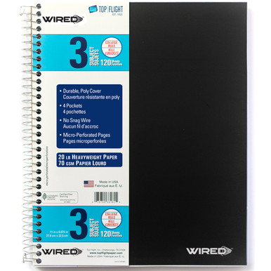Wired® 3 Subject Poly Wirebound Notebook College Rule,120ct, Black