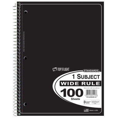 Standards® 1 Subject, Wirebound Notebook, Wide Rule, 100 Sheets, Black