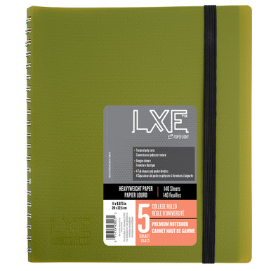 LXE® 5 Subject Poly Wirebound Notebook, College Rule, 140 ct, Moss Green