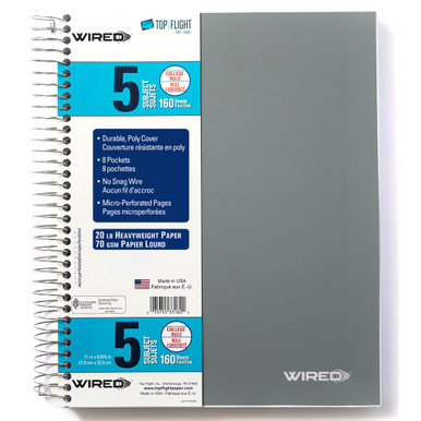 Wired® 5 Subject Poly Wirebound Notebook College Rule,160ct, Gray