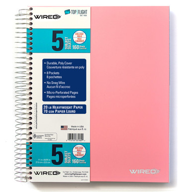 Wired® 5 Subject Poly Wirebound Notebook College Rule,160ct, Pink