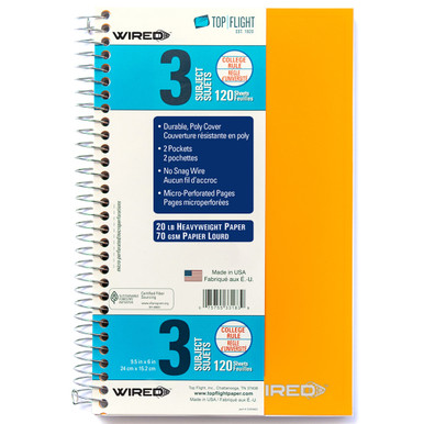 Wired® 3 Subject Poly 9.5"x6" Notebook College Rule,120ct, Orange