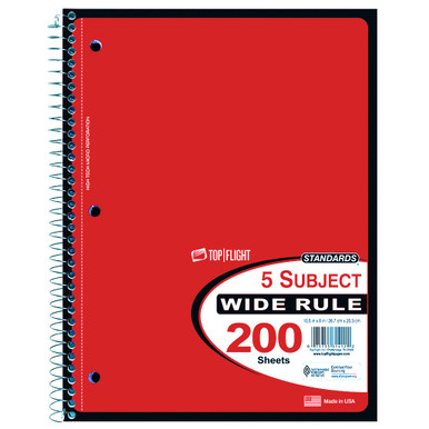 Standards® 5 Subject, Wirebound Notebook, Wide Rule, 200 Sheets, Red