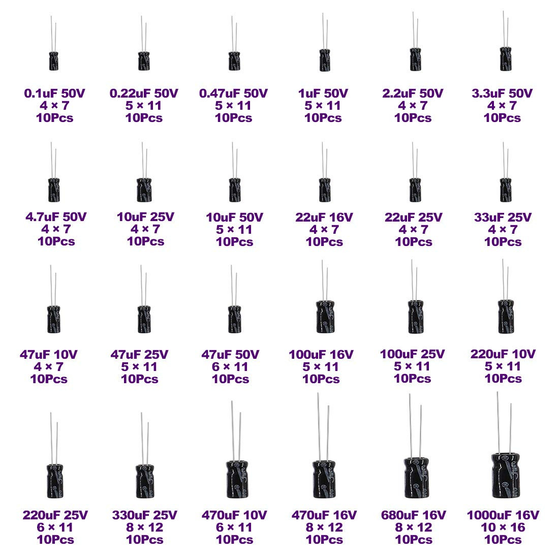 Electrolytic Capacitors Range 0.1uF－1000uF Assortment Kit, 10V/16V/25V ...