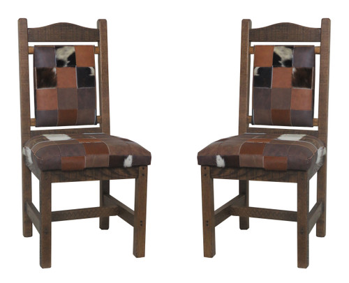 Set of 2 Barnwood Dining Chairs with Patchwork Leather Upholstered Back