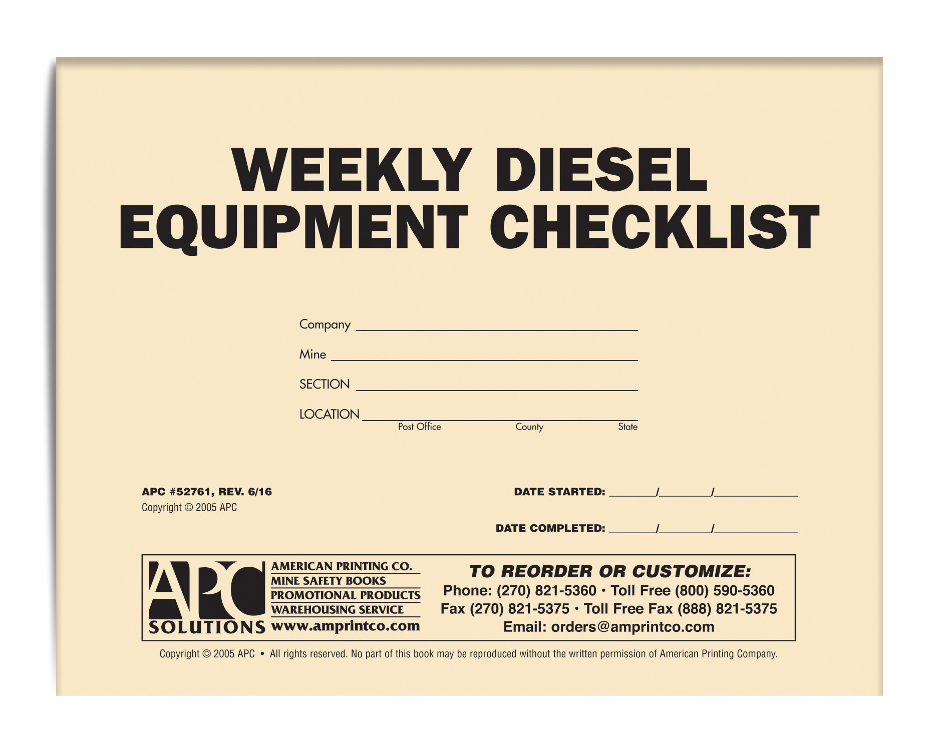 APC 52761: Weekly Diesel Equipment Checklist - APC Solutions / American ...