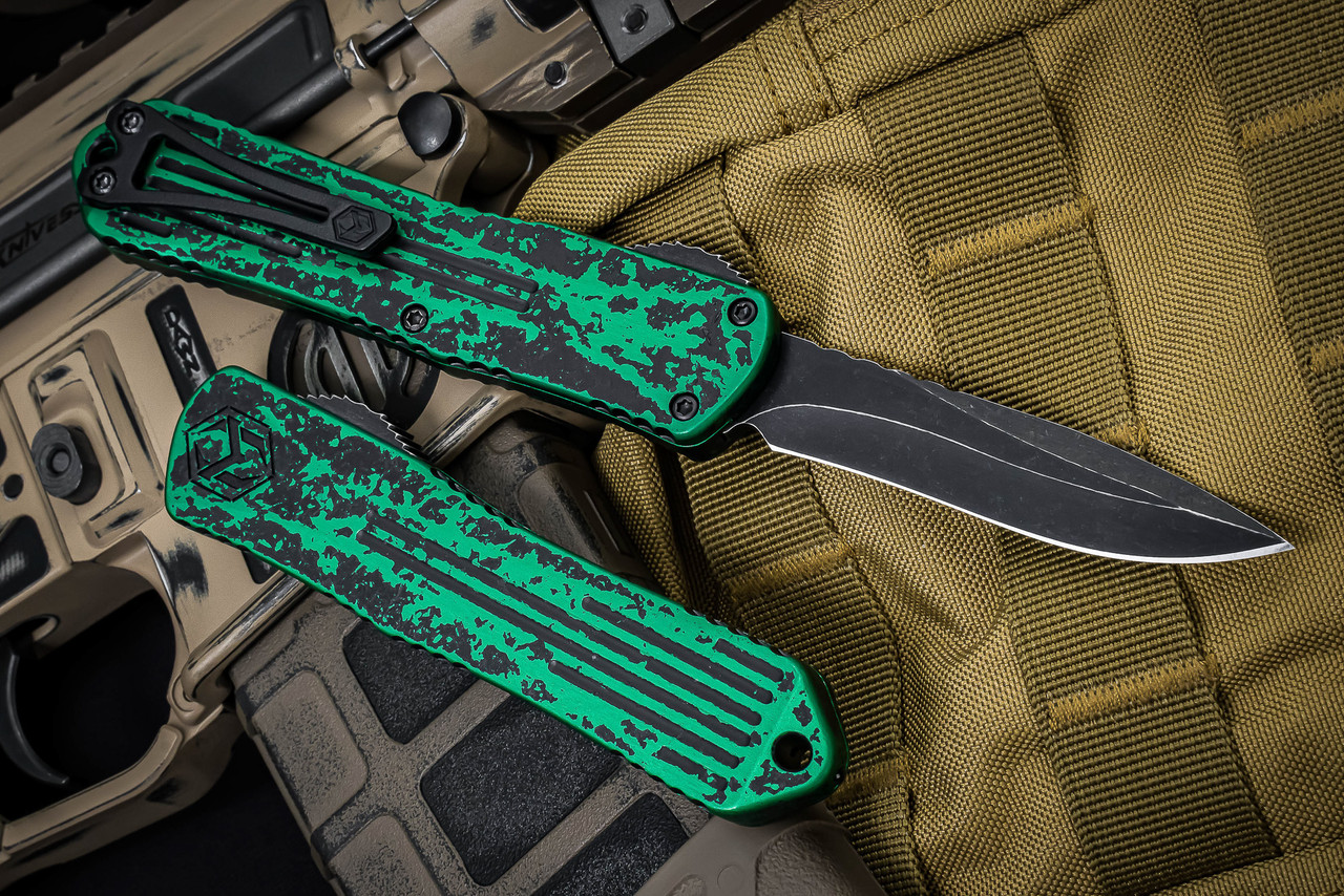 Heretic Knives Manticore E Breakthrough Green OTF Automatic Knife 3" Recurve Battleworn Black ...