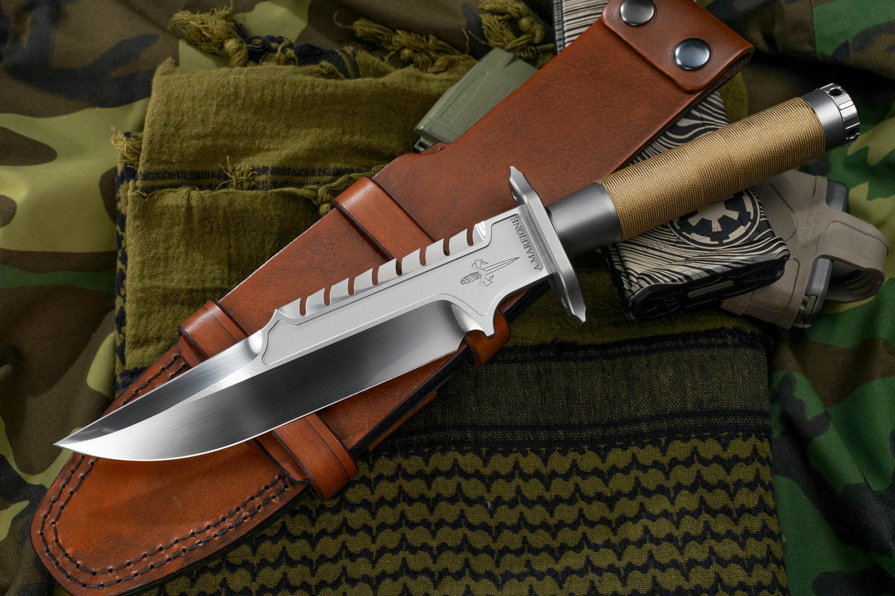 Microtech/Marfione Custom Interceptor Tan Cord Wrap 7" Bowie Hand Rubbed
