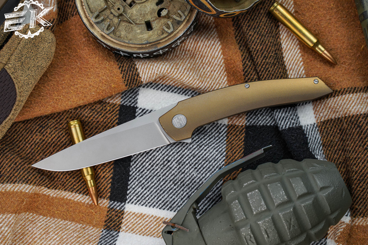 Hog House Knives Model T Folding Knife Bronze Titanium 3.5" RWL-34 Drop ...