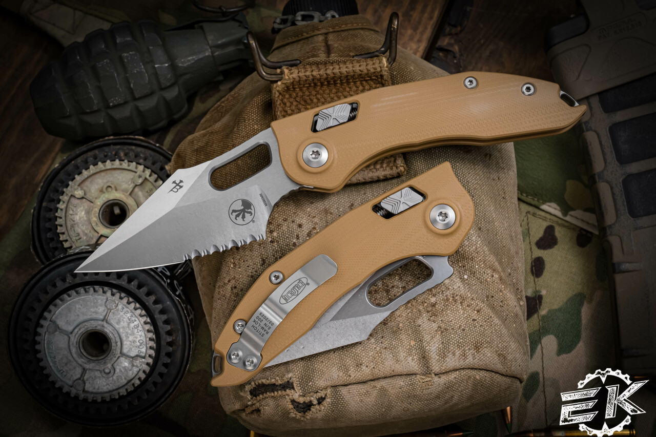 Microtechborka Blades Stitch Ram Lok Manual Folding Knife Tan G10 375