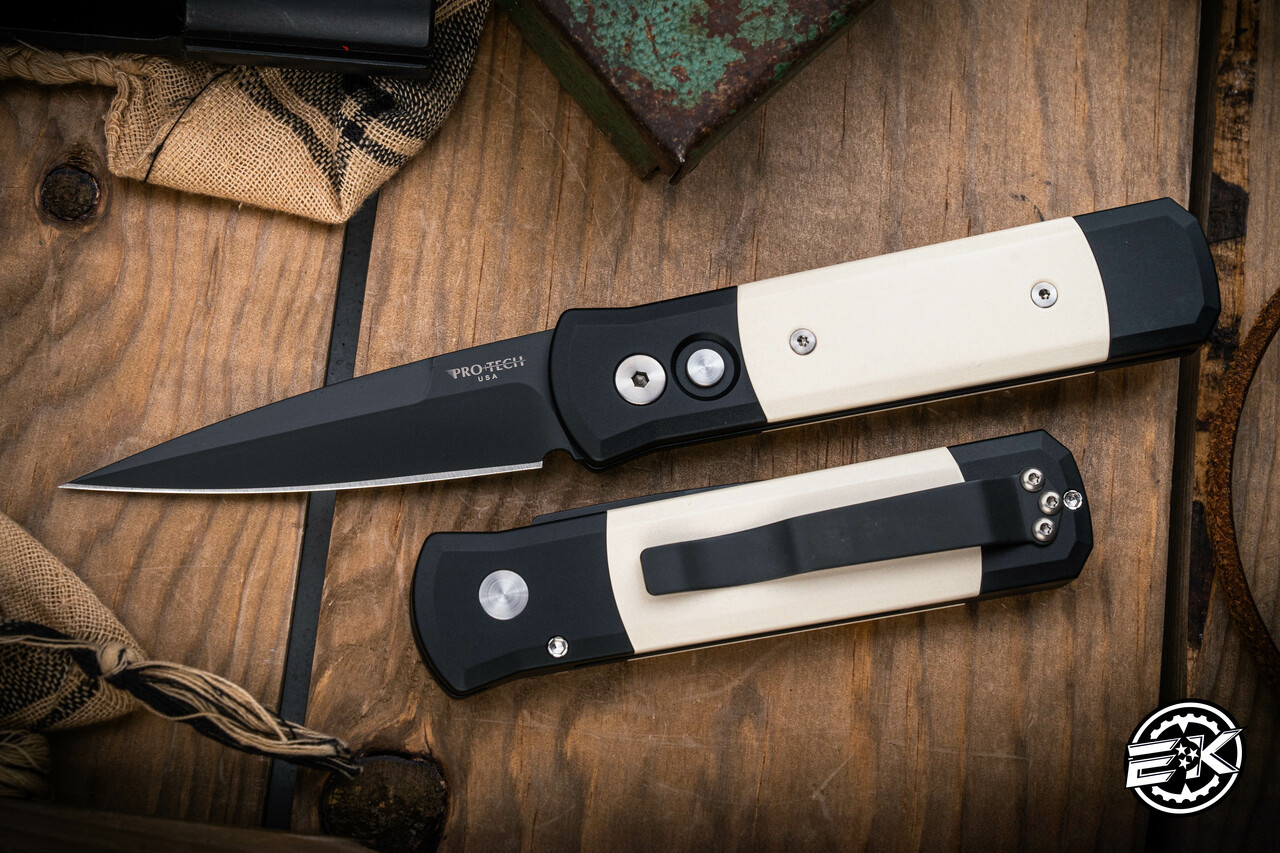 Protech Godson Automatic Folding Knife Tuxedo Black W Ivory Micarta