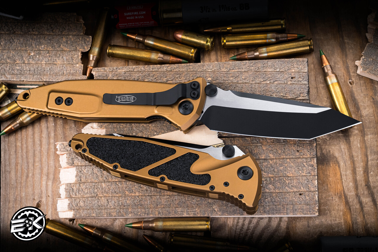 Microtech Socom Elite Manual Tan Aluminum 4" M390 Tanto Black 161-1TA