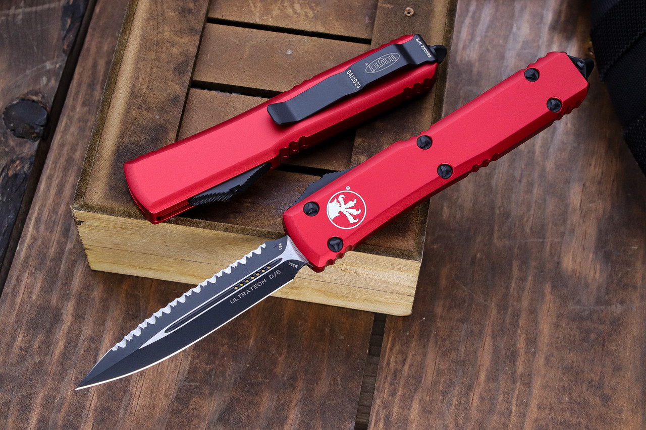 Microtech Ultratech OTF Automatic Knife Red 3.4" Dagger Serrated Black ...