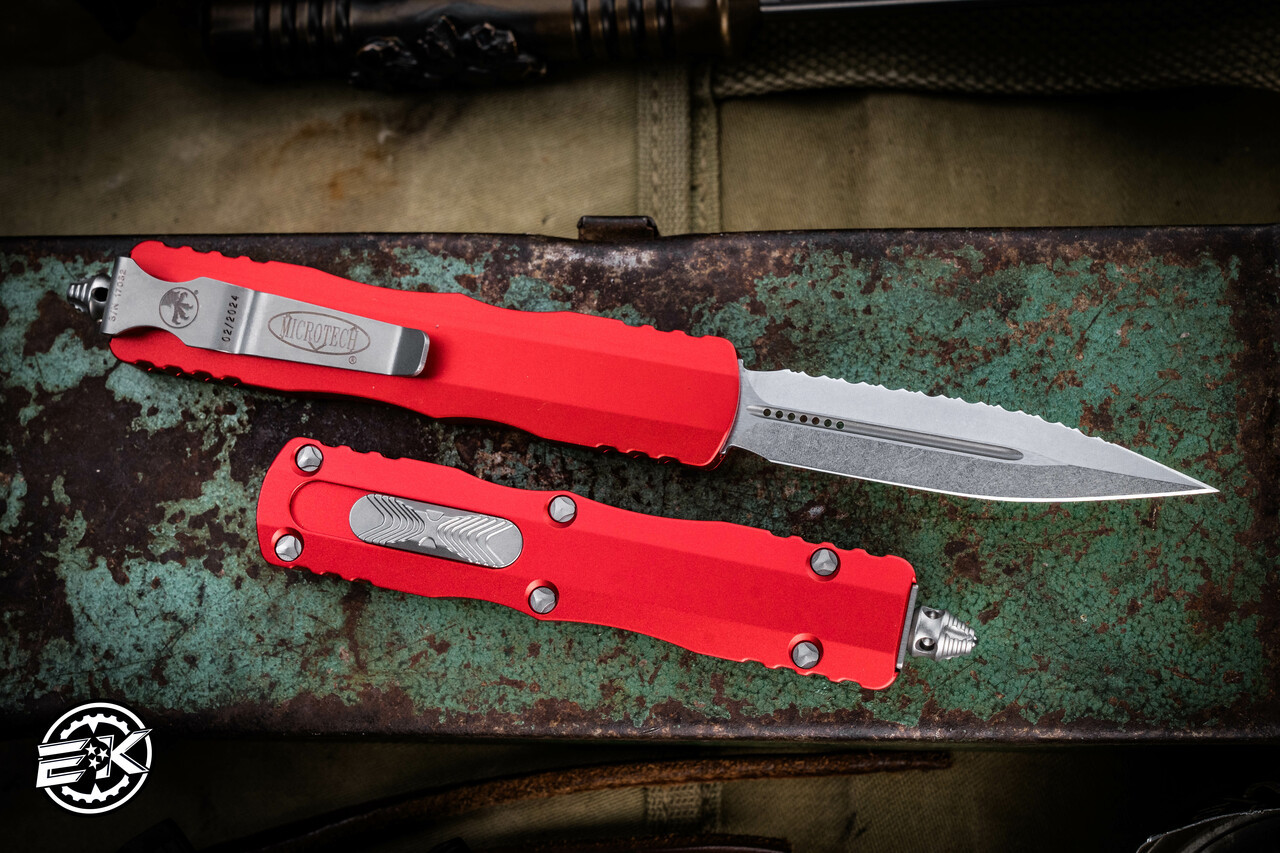 Microtech Dirac Otf Automatic Knife Red 30 Dagger Stonewash Serrated