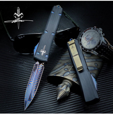 Microtech Custom/Marfione Ultratech OTF Blue Accents D/E 3.4" Mosaic ...