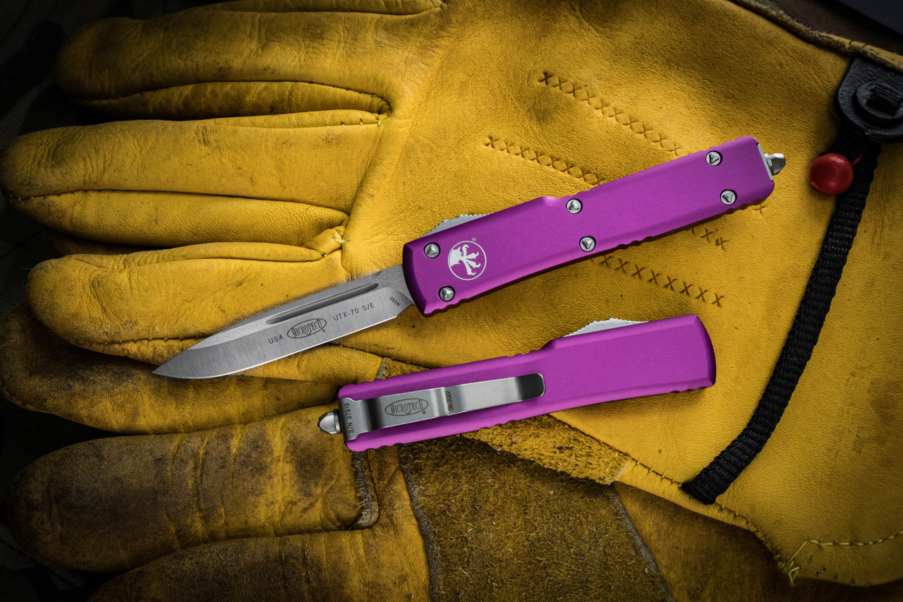 Microtech Utx 70 Otf Automatic Knife Violet 24 Drop Point Satin 148 4vi