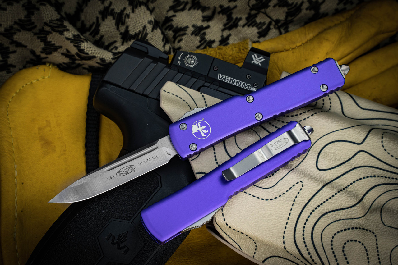 Microtech Utx 70 Otf Automatic Knife Purple 24 Drop Point Satin 148 4pu