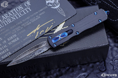Marfione Custom Dirac Blue Accents 3" D/E Dagger Polished Feather Damascus