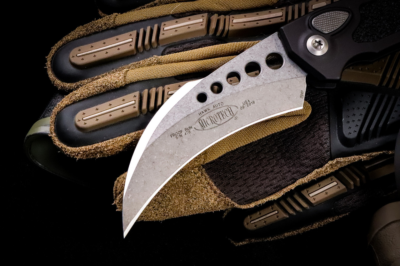 Microtech Hawk Proof Run Automatic Knife 4" Hawkbill Stonewash 166-10PR ...