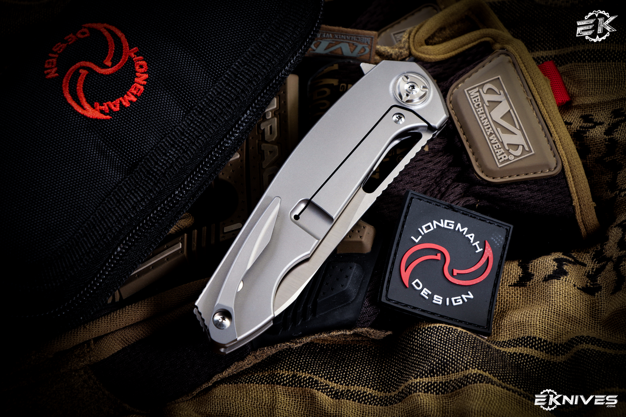 Liong Mah Design Eraser Flipper Frame lock Knife Gray Titanium 4" M390 ...