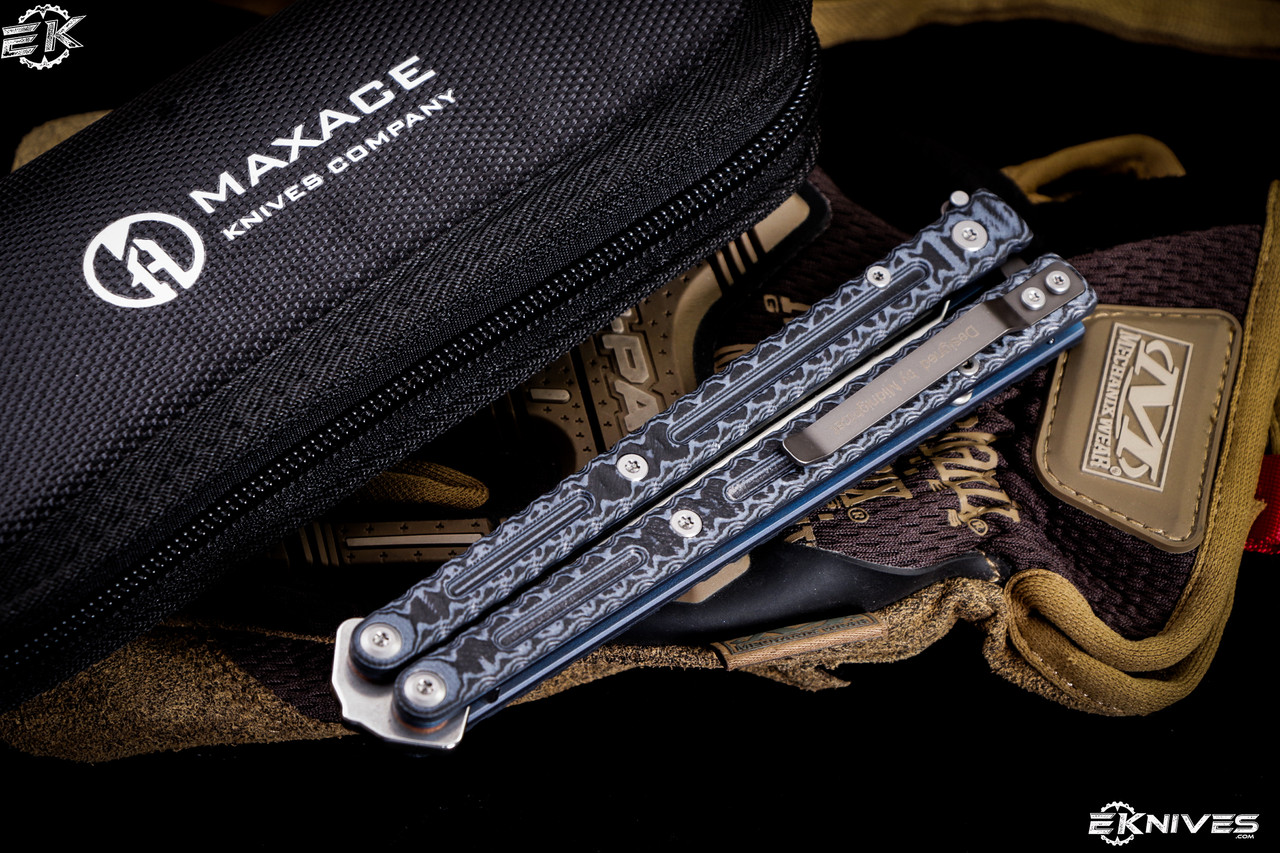 Maxace Obsidian-S Balisong Butterfly Knife Blue G10 4.0" Bowie Satin ...