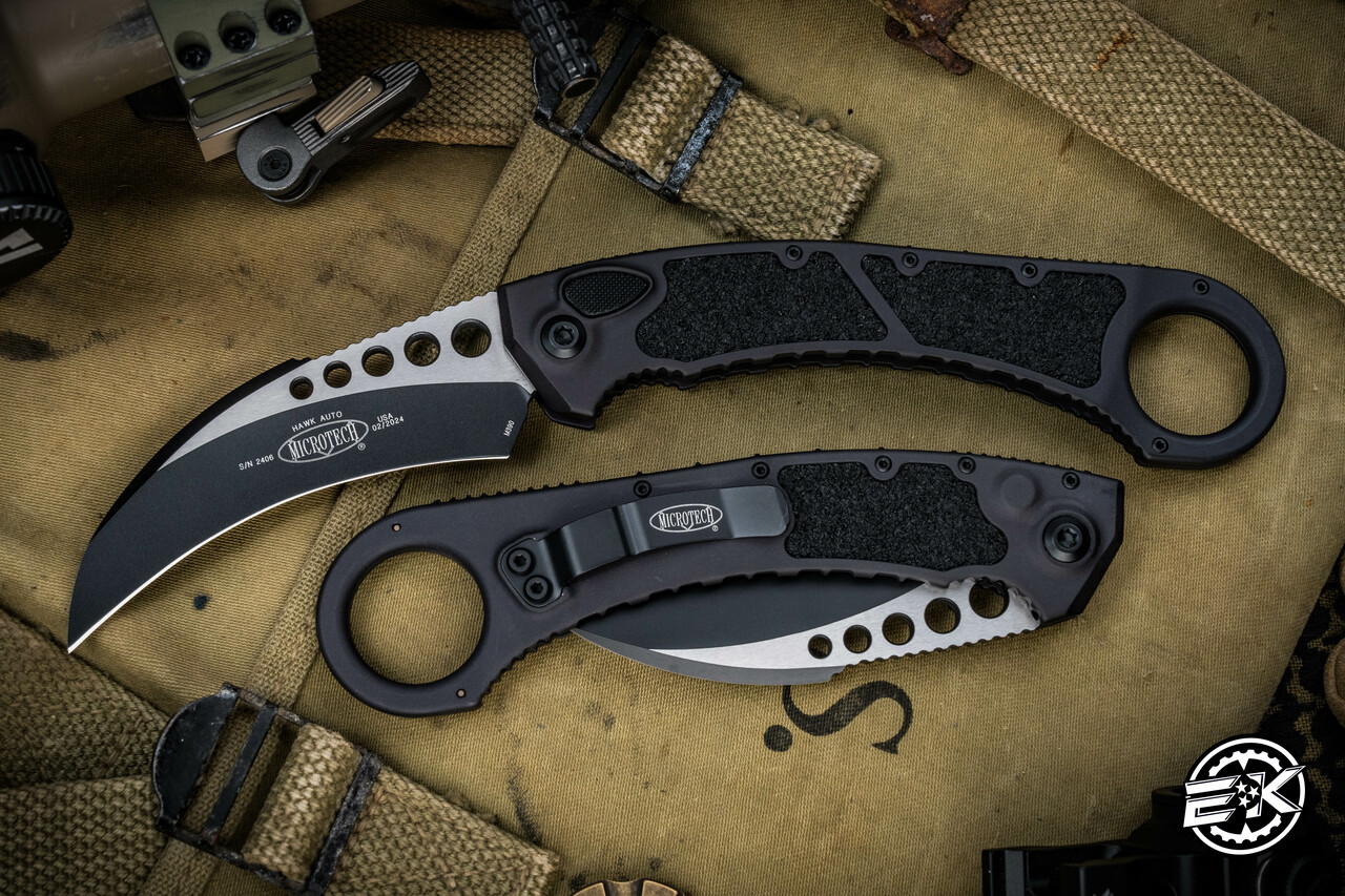 Microtech Hawk Automatic Karambit Folding Knife 4" Hawkbill Black 266-1T