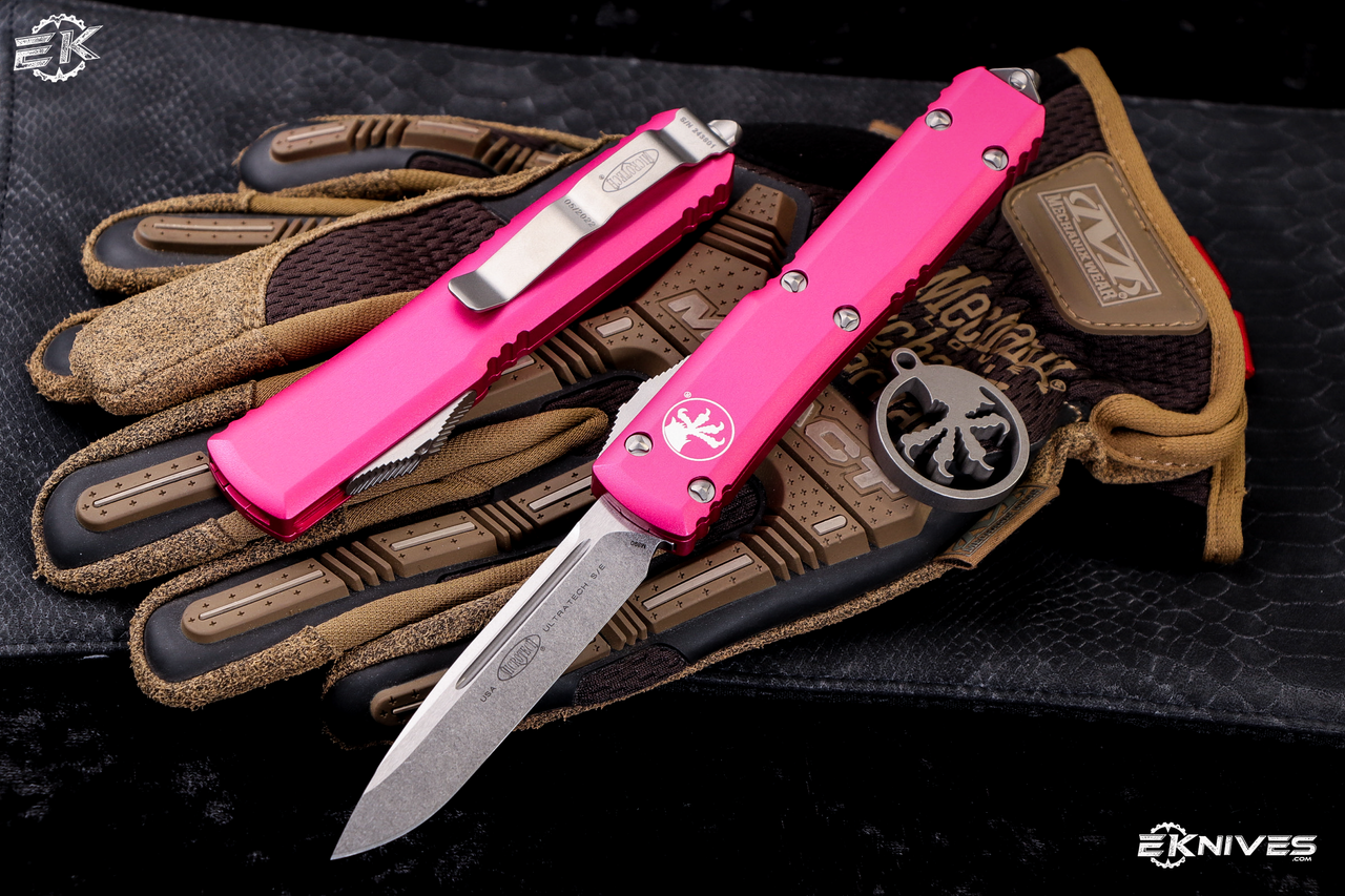Microtech Ultratech OTF Automatic Knife Pink 3.4" Drop Point Stonewash ...