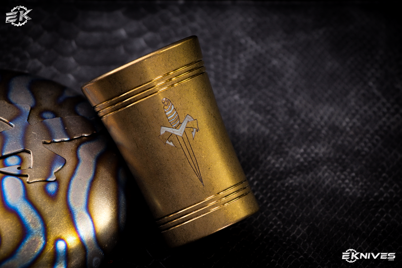 Microtech/Marfione Custom Bronze Shot Glass Titanium Triple Dagger Logo