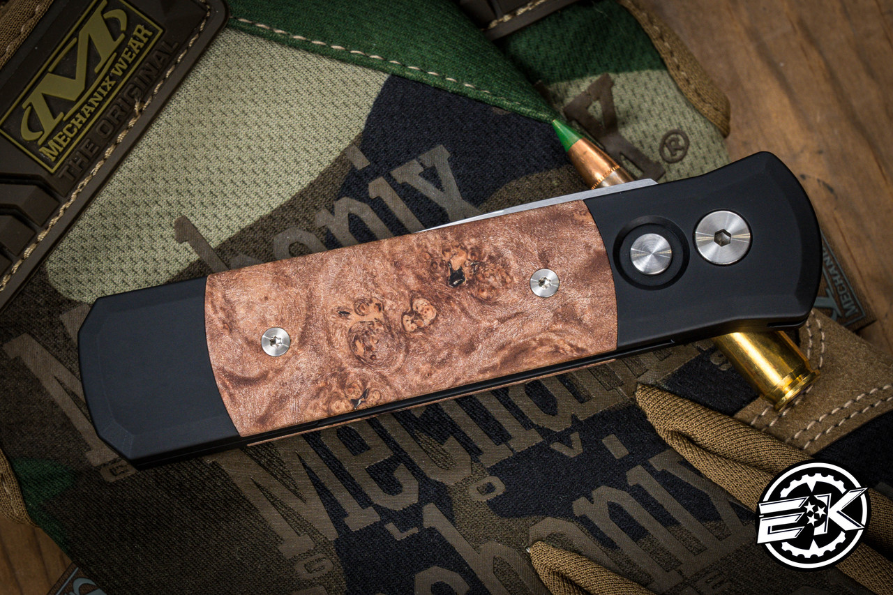 Protech Custom Godson Automatic Folding Knife Maple Burl Inlay 3 Satin 706