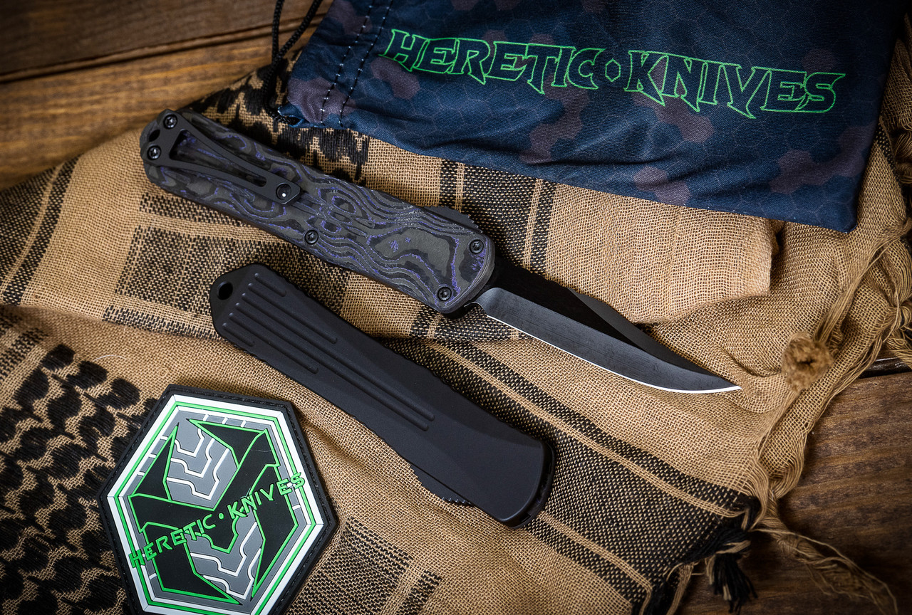 Heretic Knives Manticore E Otf Automatic Knife Black W Purple Cf Camo