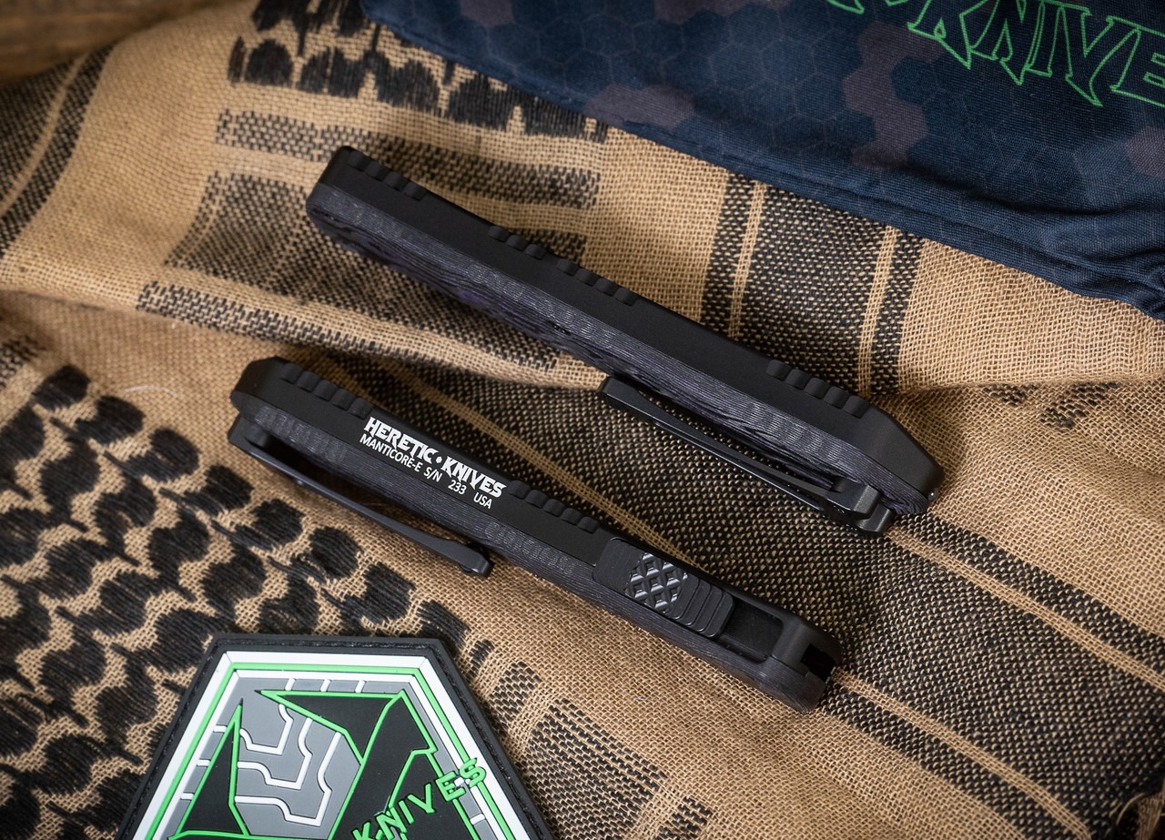 Heretic Knives Manticore E Otf Automatic Knife Black W Purple Cf Camo