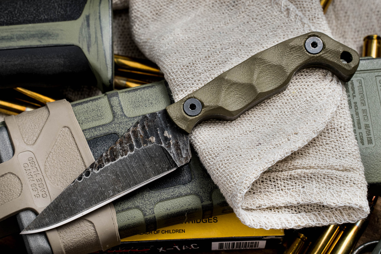 Stroup Knives MINI Fixed Blade Knife OD Green G10 3" Acid Wash Carved Pike