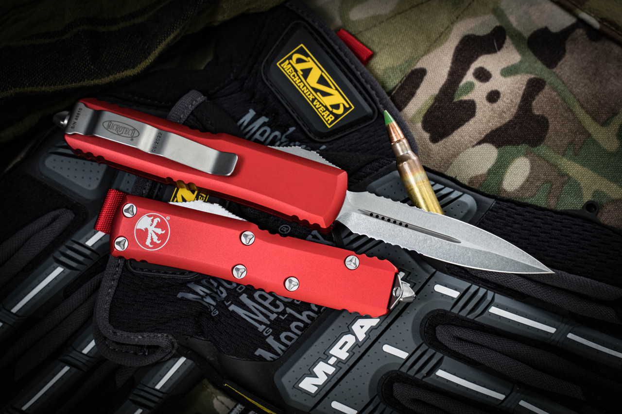 Microtech Utx 85 Otf Automatic Knife Red 3 Dagger Serrated Stonewash