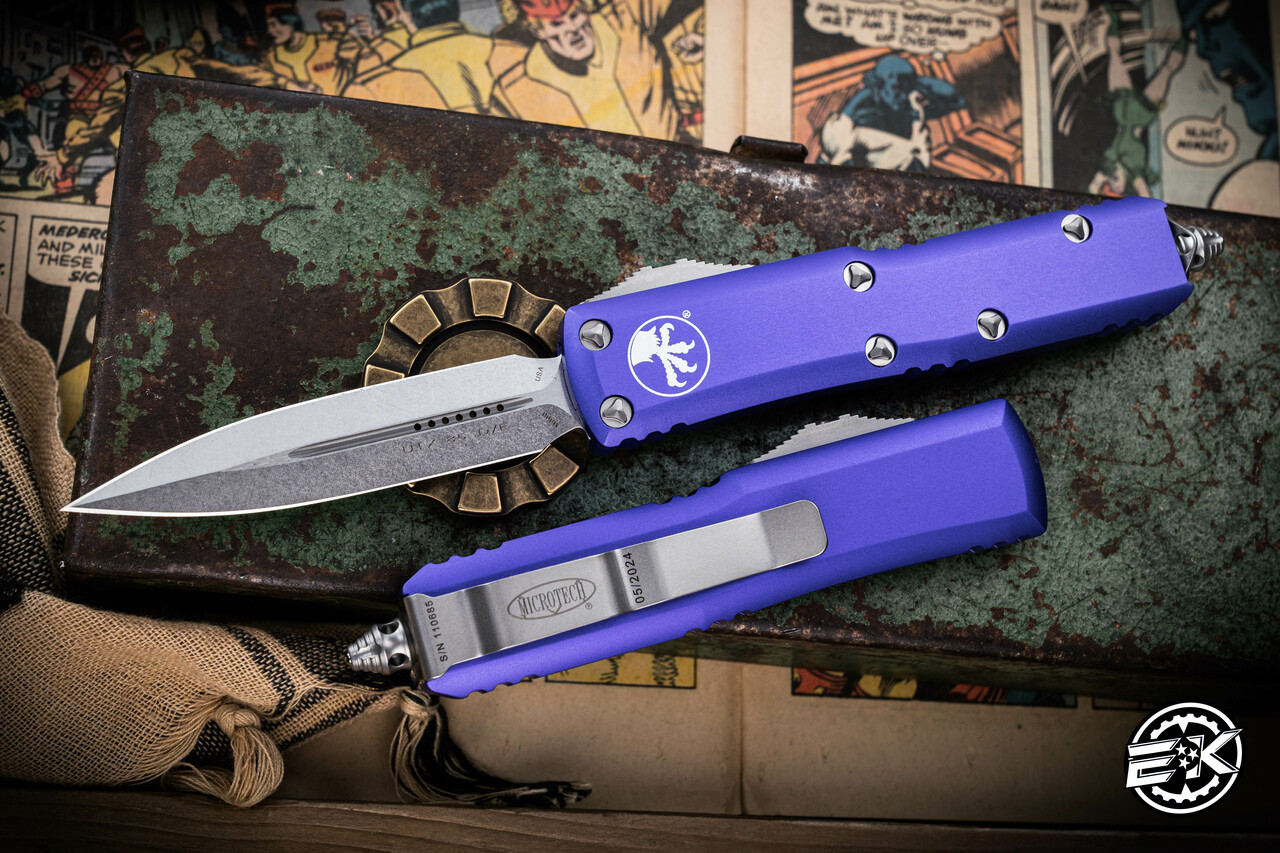 Microtech Utx 85 Otf Automatic Knife Purple 31 Dagger Stonewash 232 10pu