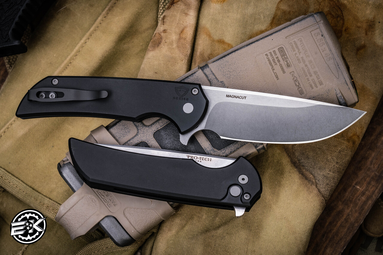 Protech Mordax Manual Flipper Button Lock Knife Black 375 Magnacut