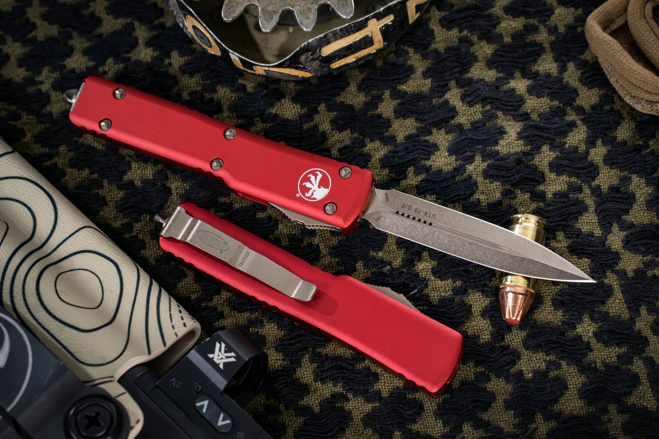 Microtech UTX-70 Red OTF Automatic Knife Black 2.4"Dagger Bronze 147-13RD