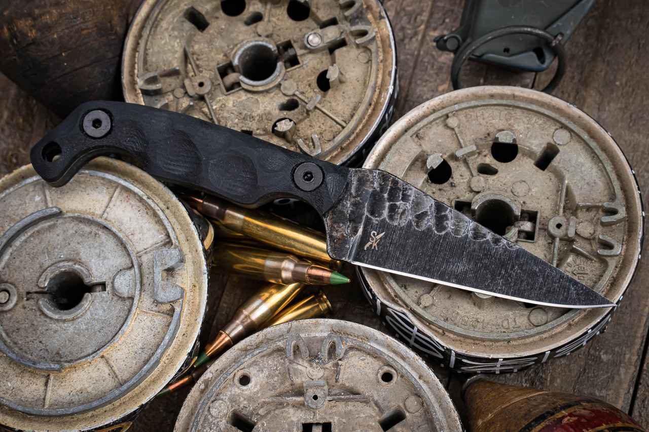 Stroup Knives MINI Fixed Blade Knife Black G10 3" Acid Wash Carved Pike