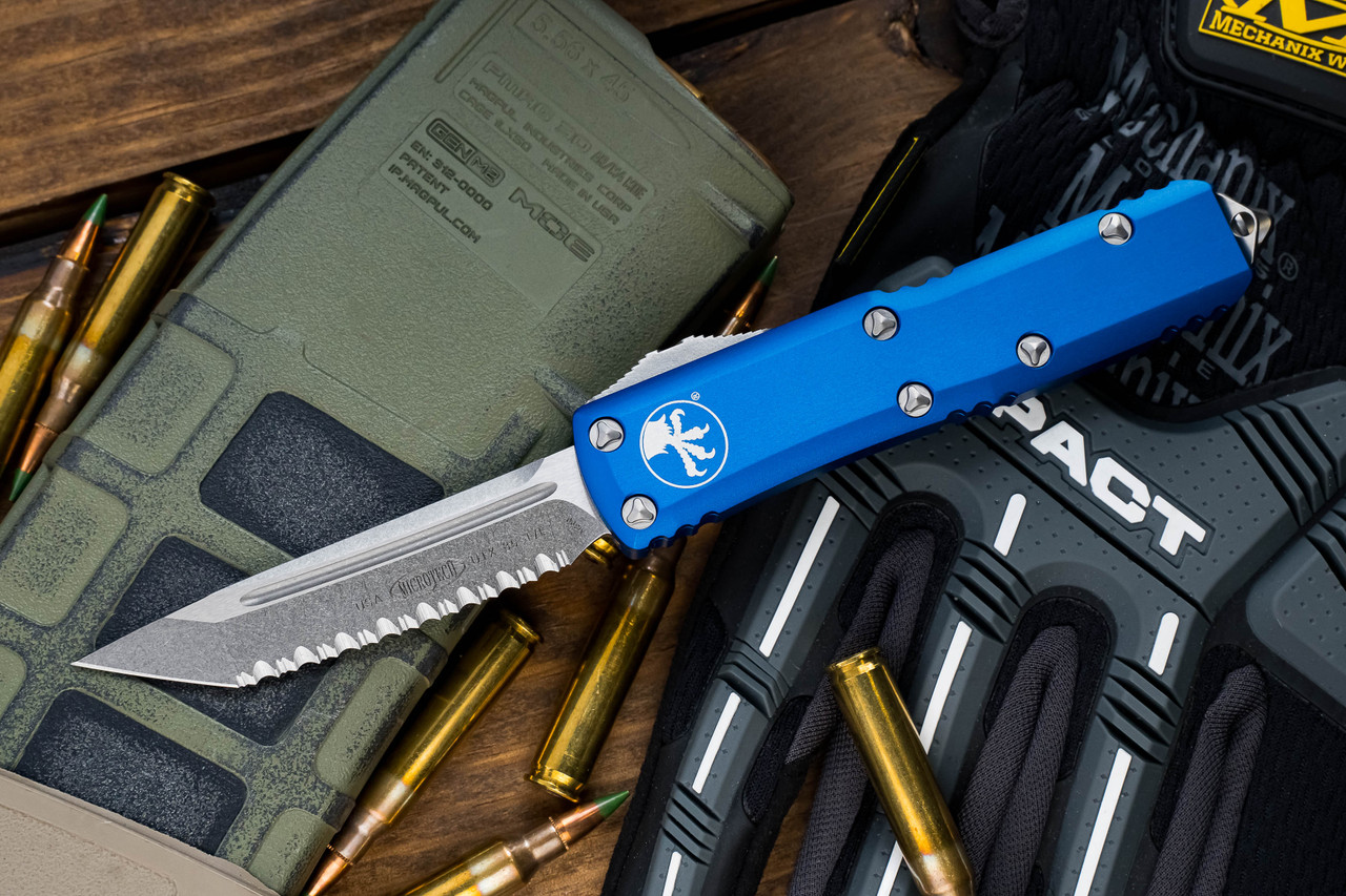 Microtech UTX-85 OTF Automatic Knife Blue 3" Tanto Serrated Stonewash ...