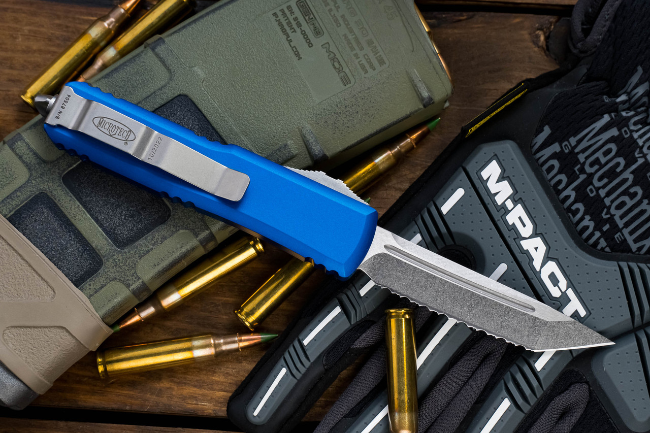 Microtech UTX-85 OTF Automatic Knife Blue 3" Tanto Serrated Stonewash ...