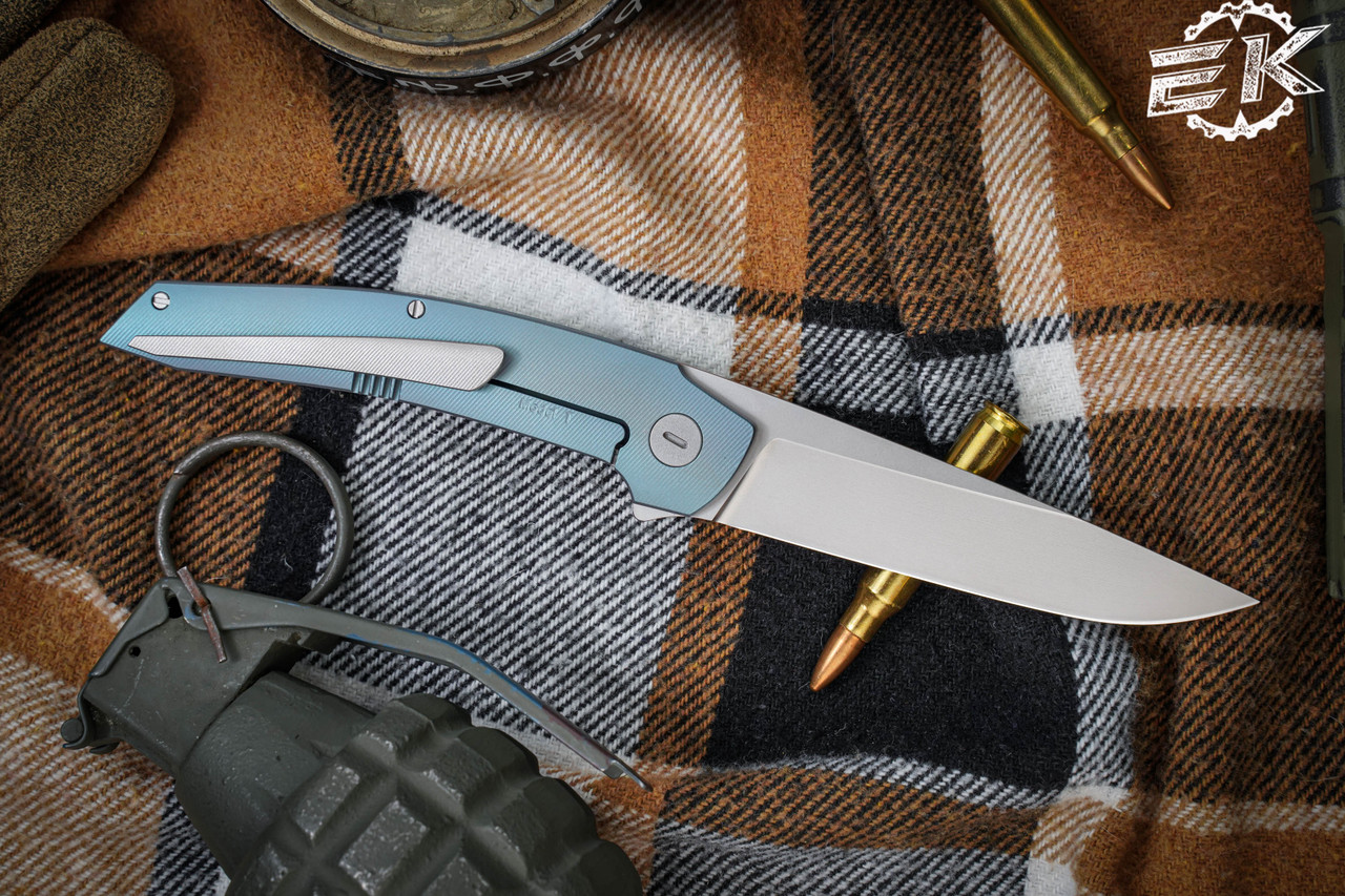 Hog House Knives Model T Folding Knife Green Titanium 3.5" RWL-34 Drop ...