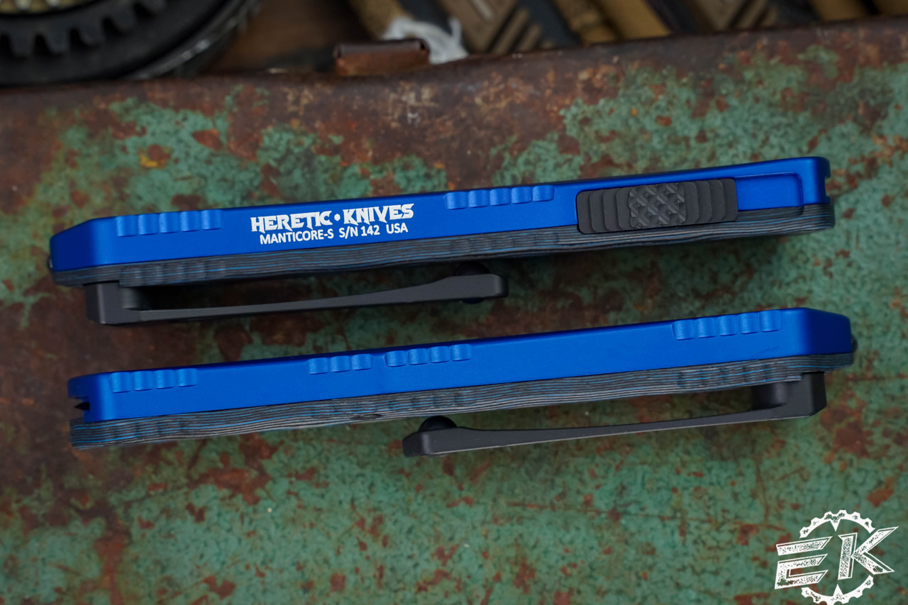 Heretic Knives Manticore S Blue Camo Carbon OTF Automatic Knife 2.6" Recurve DLC Black H025-6A-BLUCF
